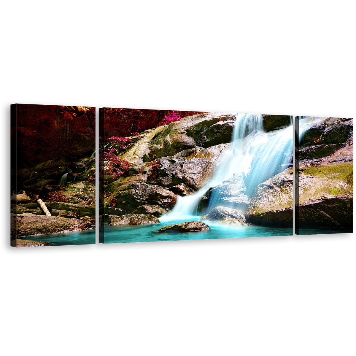 Amazing Scenery Canvas Wal art, Red Trees Forest Waterfall 3 Piece Can ...