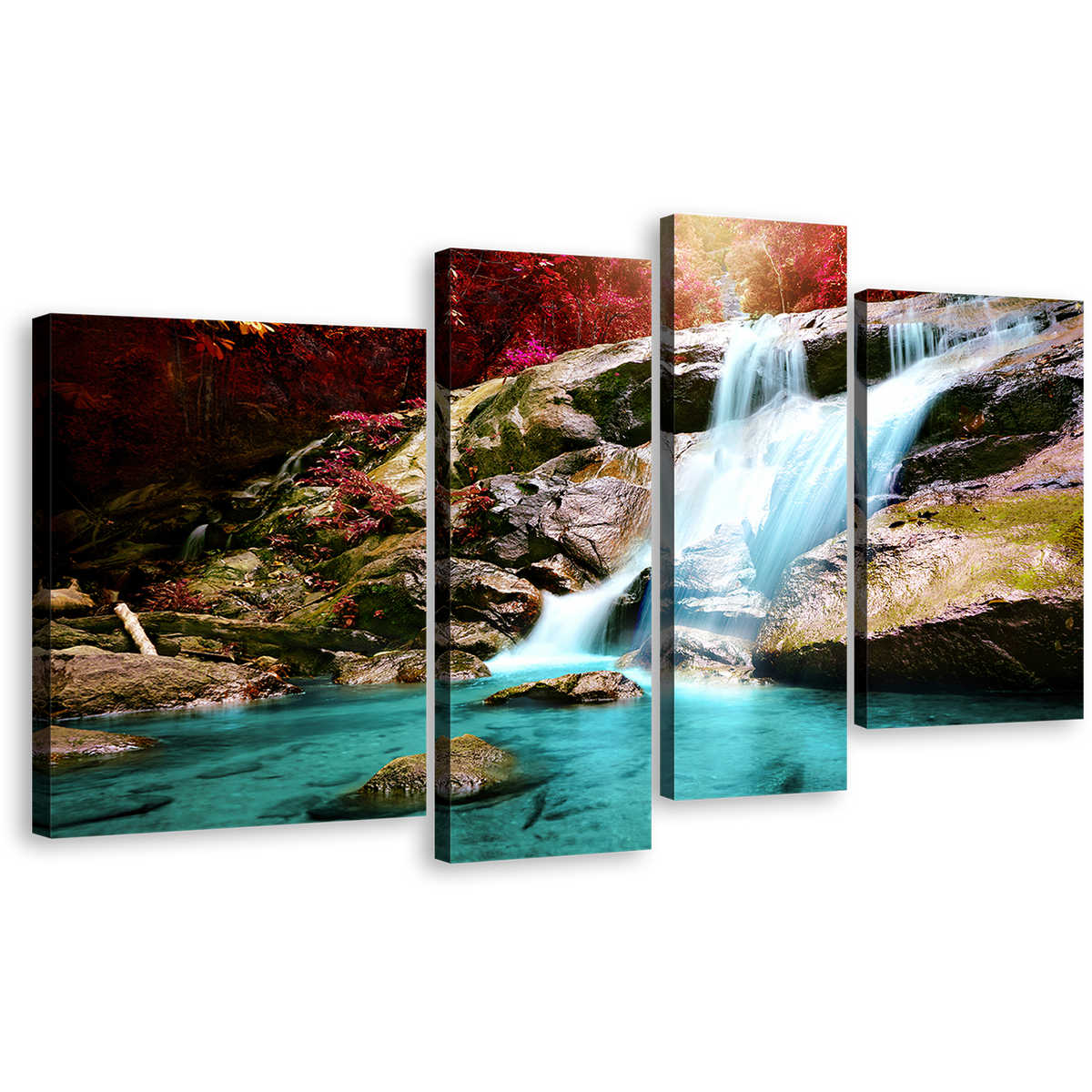 Beautiful Waterfall Canvas Wall Art, Amazing Red Autumn Forest Multipl ...