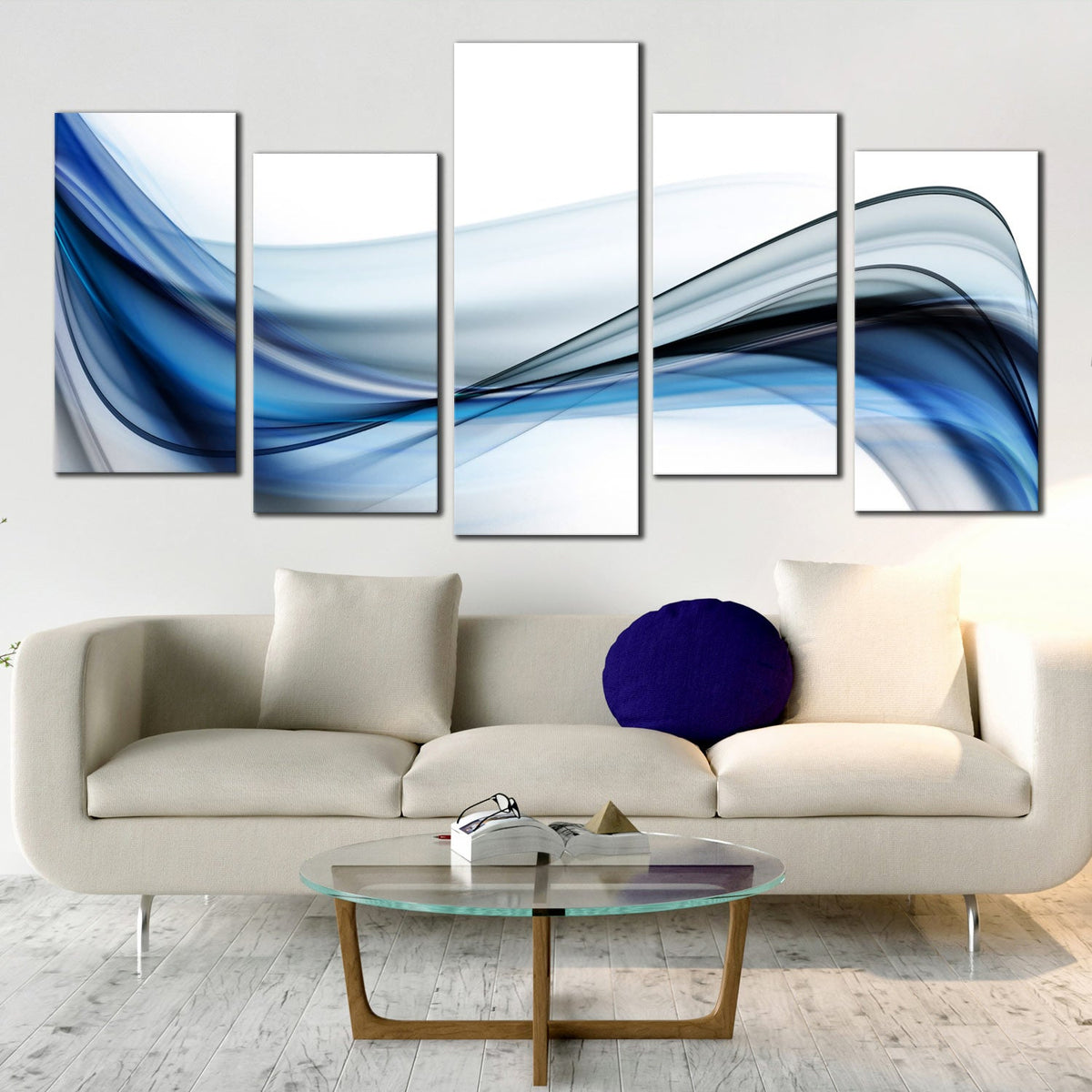 Abstract Waves Canvas Wall Art, Creative Blue Waves White Background 5 ...