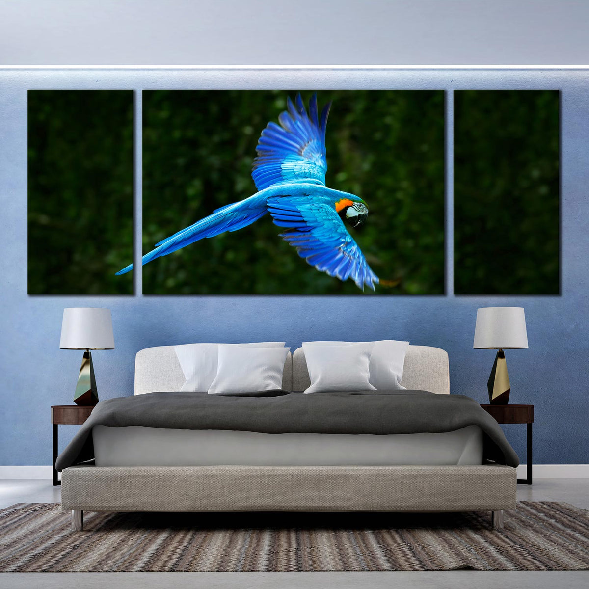 Triptych Canvas Prints of Macaw Blue Parrot Flying Free In the Jungle ...