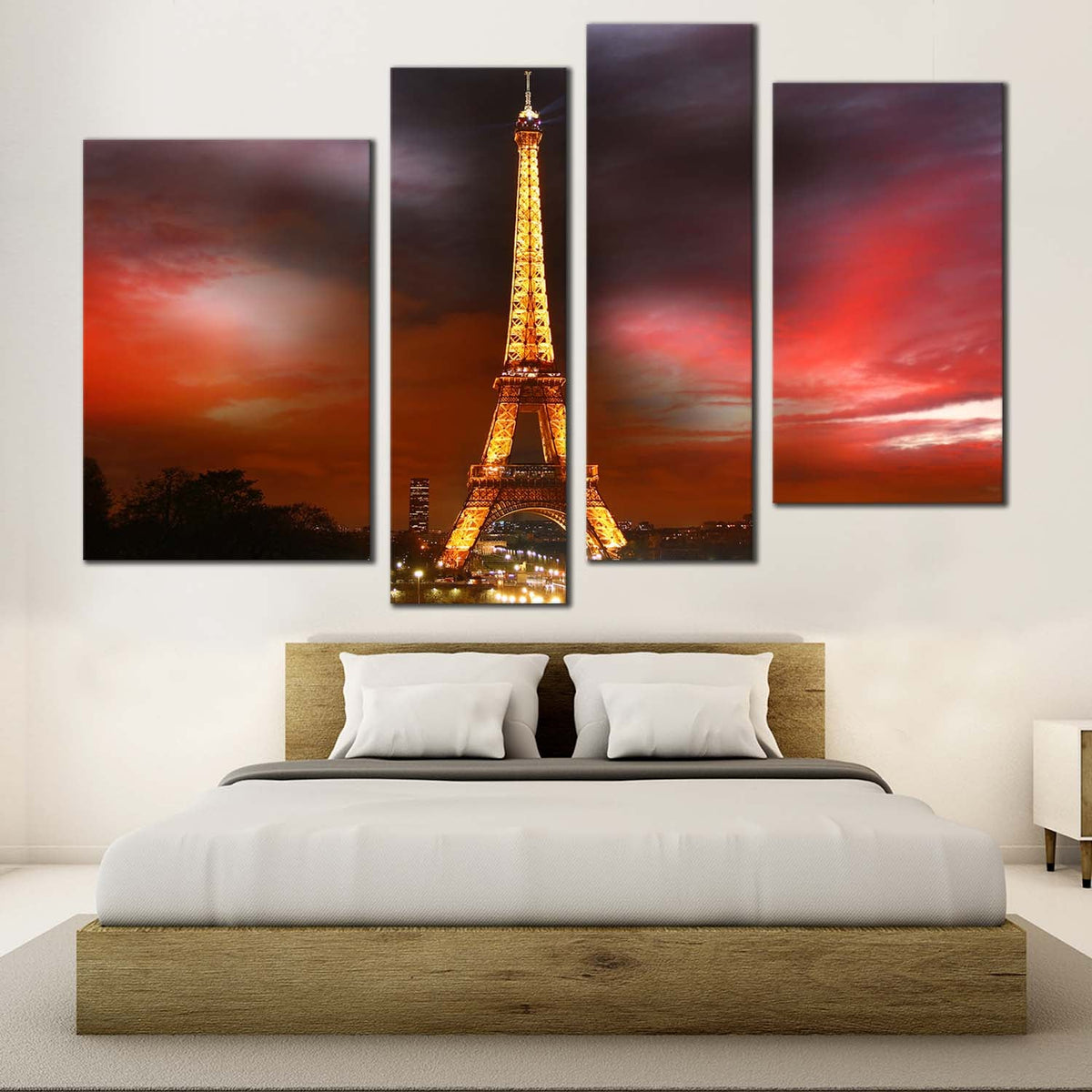 Paris City Canvas Wall Art, Dramatic Red Cloudy Night Cityscape Canvas ...