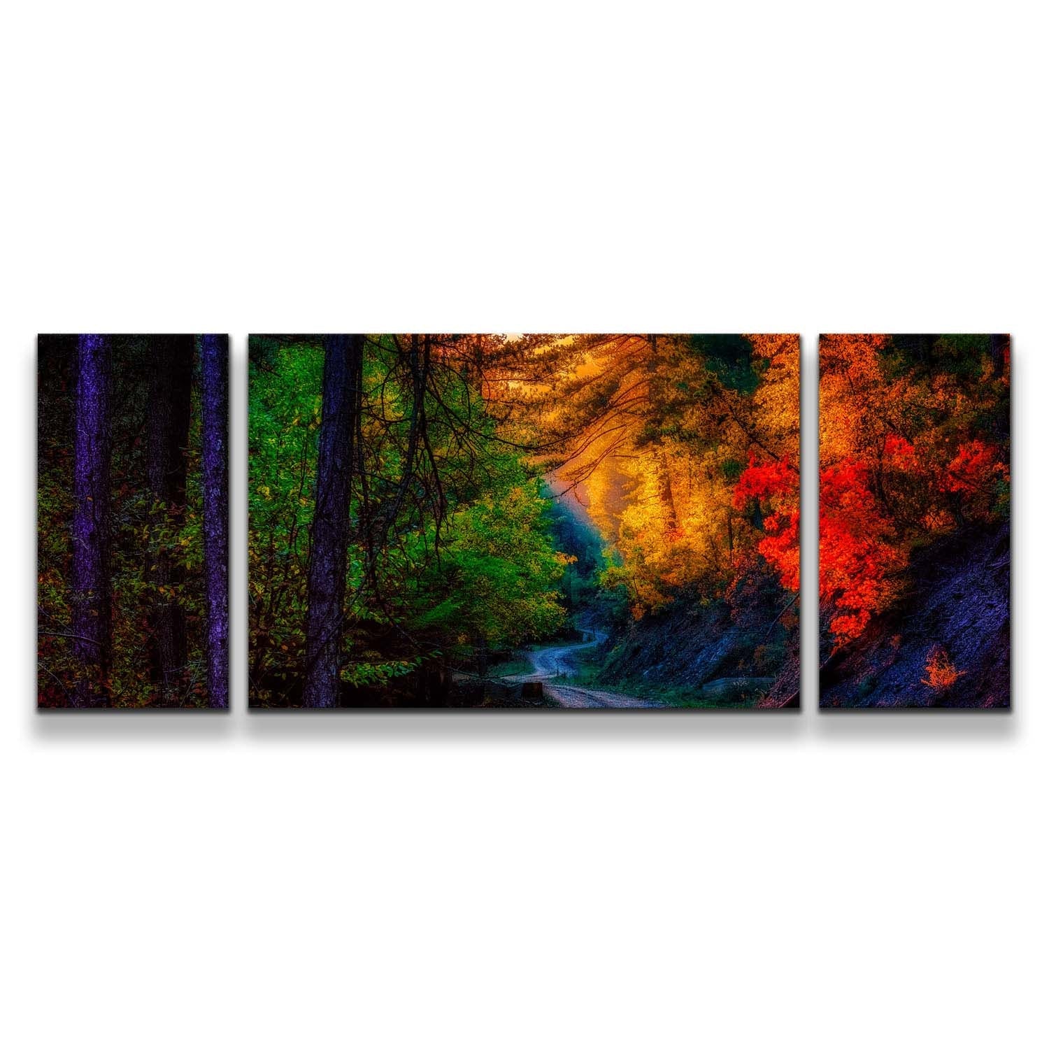 Triptych Wall Art Forest Colorful Path, 3 piece Canvas Print Red Yellow Green Forest Landscape ...