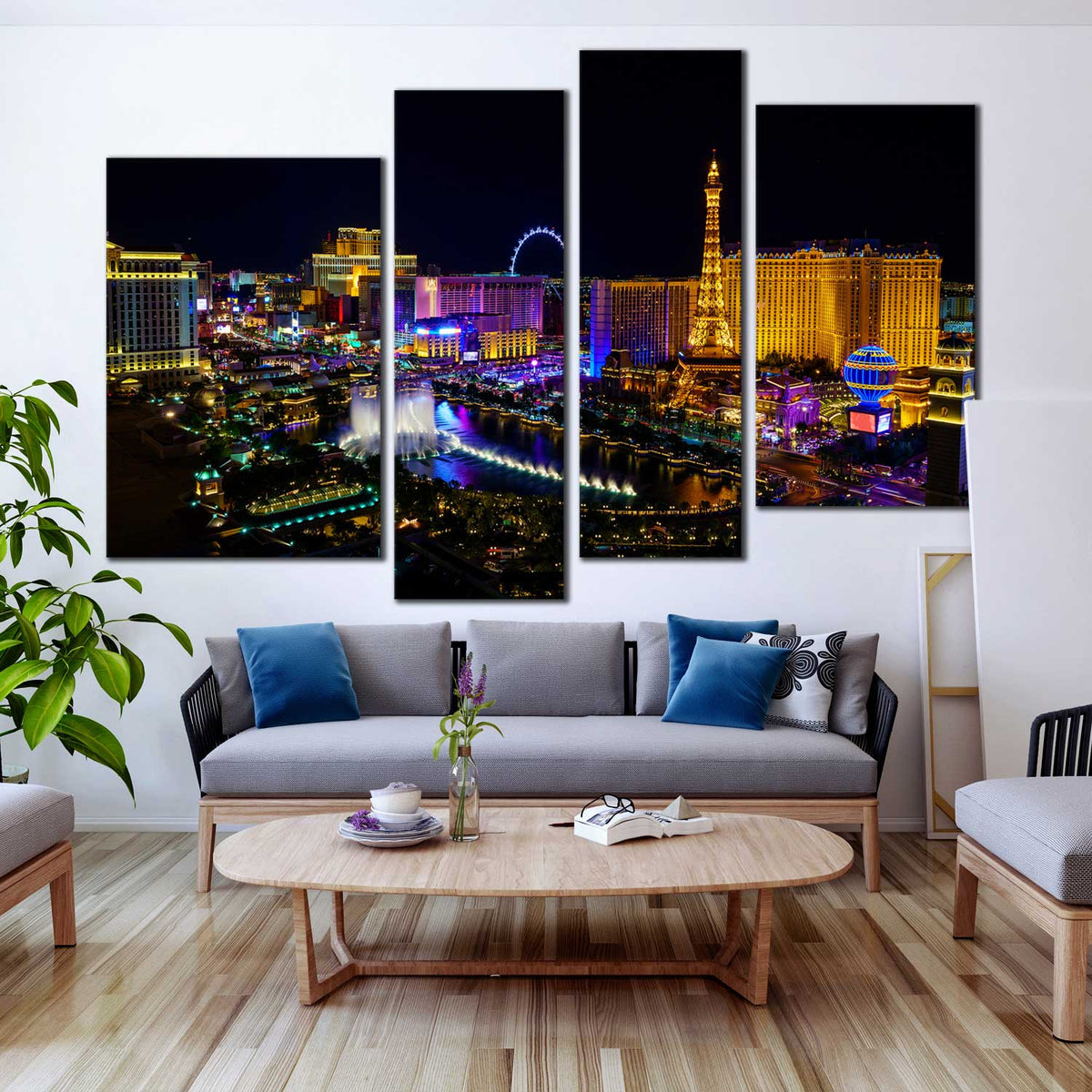 Amazing Las Vegas City Skyline at Night 4 Panel Set Wall Art Canvas ...