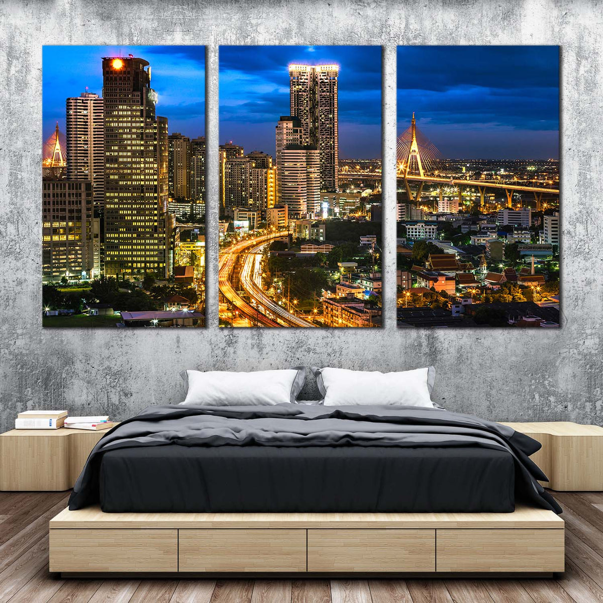 Thailand City Canvas Wall Art, Blue Sky City Lights Triptych Multiple ...