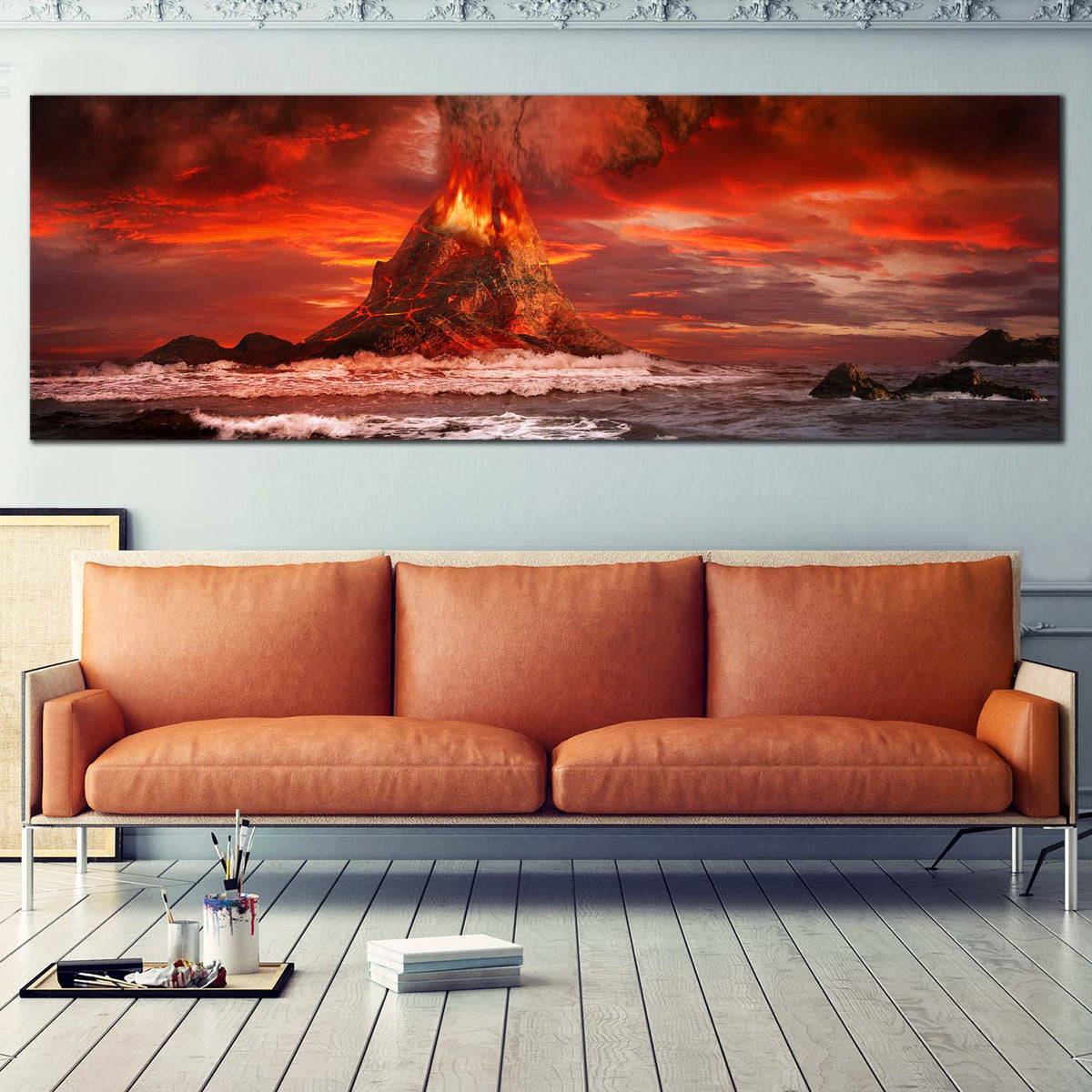 Volcano Eruption Canvas Wall Art, Red Sky Sea Panoramic Canvas, Orange ...