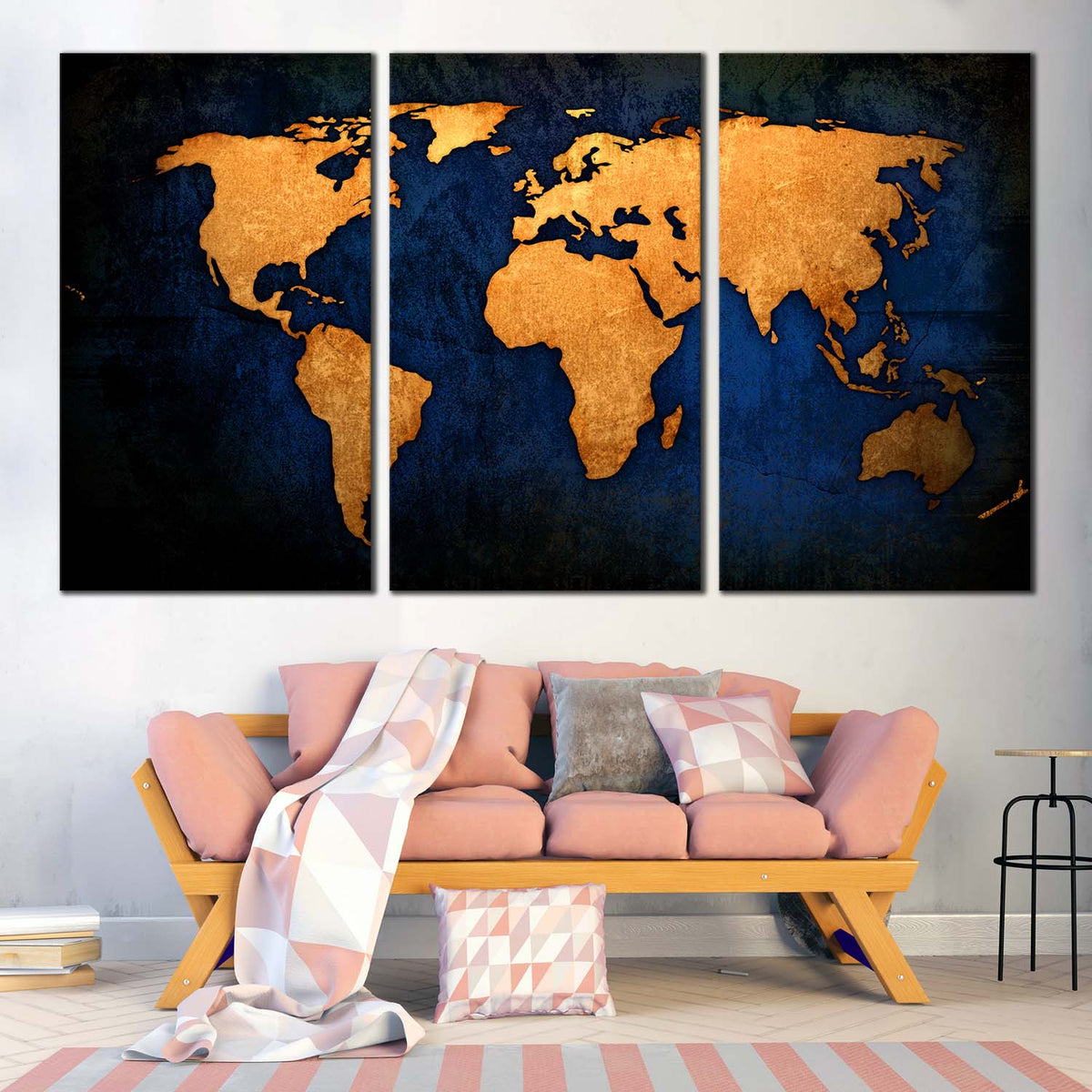 World Map Canvas Wall Art, Blue Background Map Triptych Multiple Canva ...
