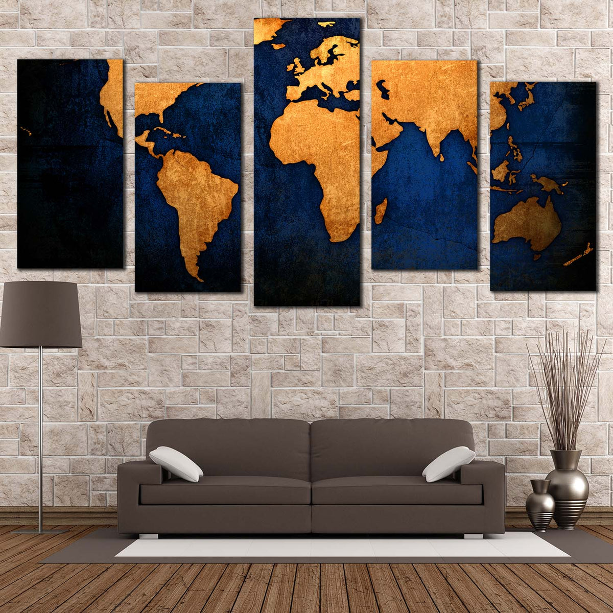 World Map Canvas Wall Art, Blue Background World Map 5 Piece Multi Can ...