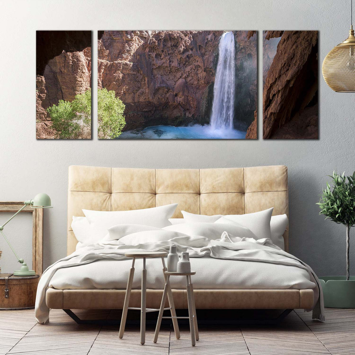 Arizona Waterfall Canvas Print, Brown Grand Canyon Waterfall 3 Piece C ...