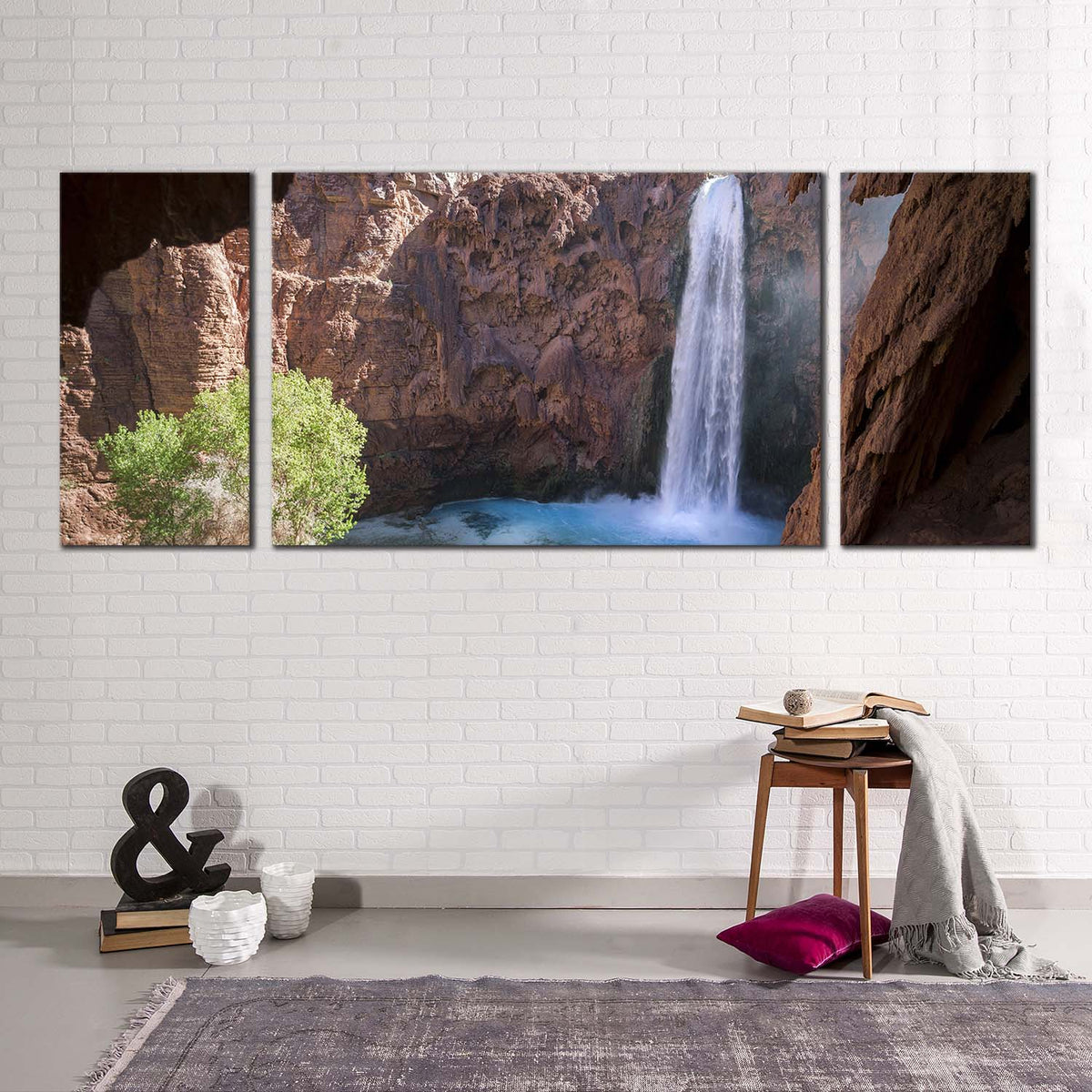 Arizona Waterfall Canvas Print, Brown Grand Canyon Waterfall 3 Piece C ...