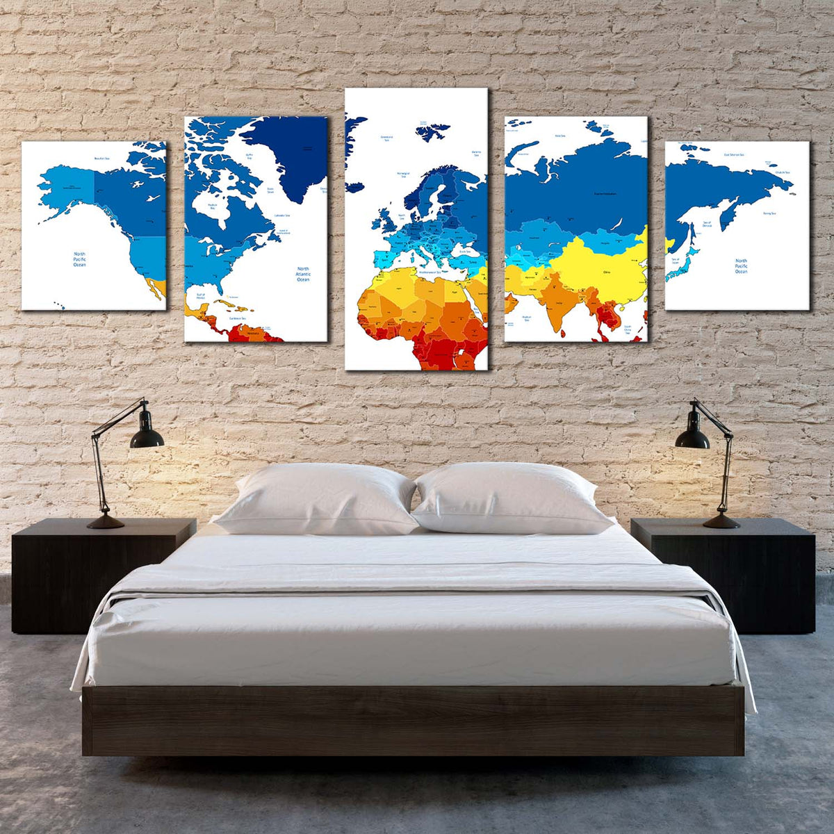 Detailed Map Canvas Wall Art, Colorful Map of Continents 5 Piece Canva ...