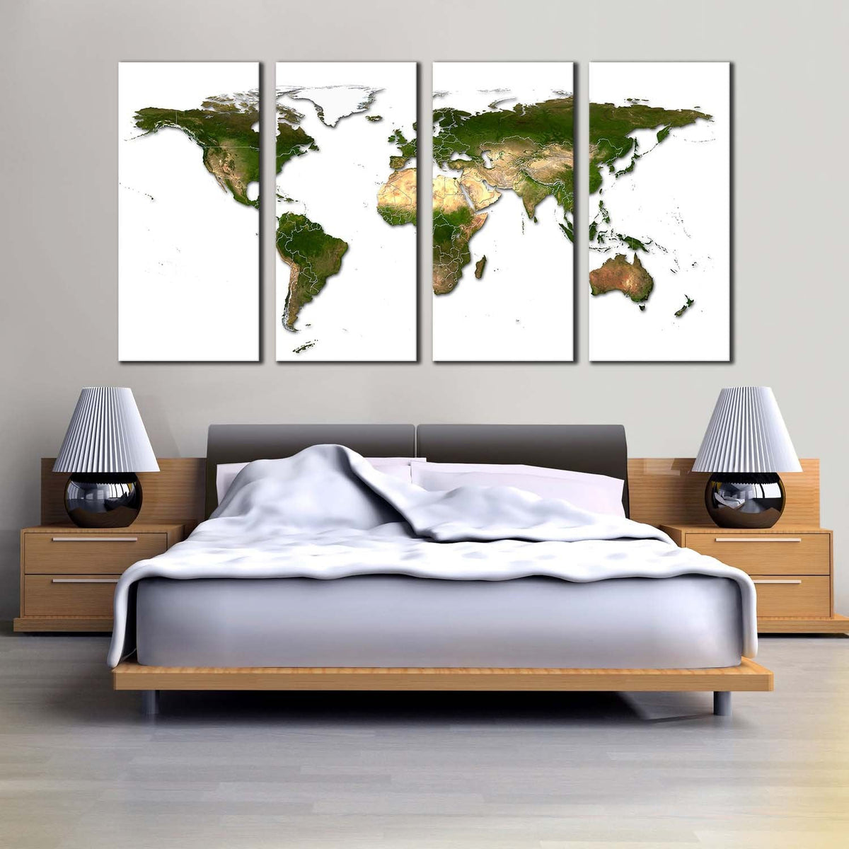 Detailed Map Canvas Wall Art, White Background Flat Earth 4 Piece Canv ...