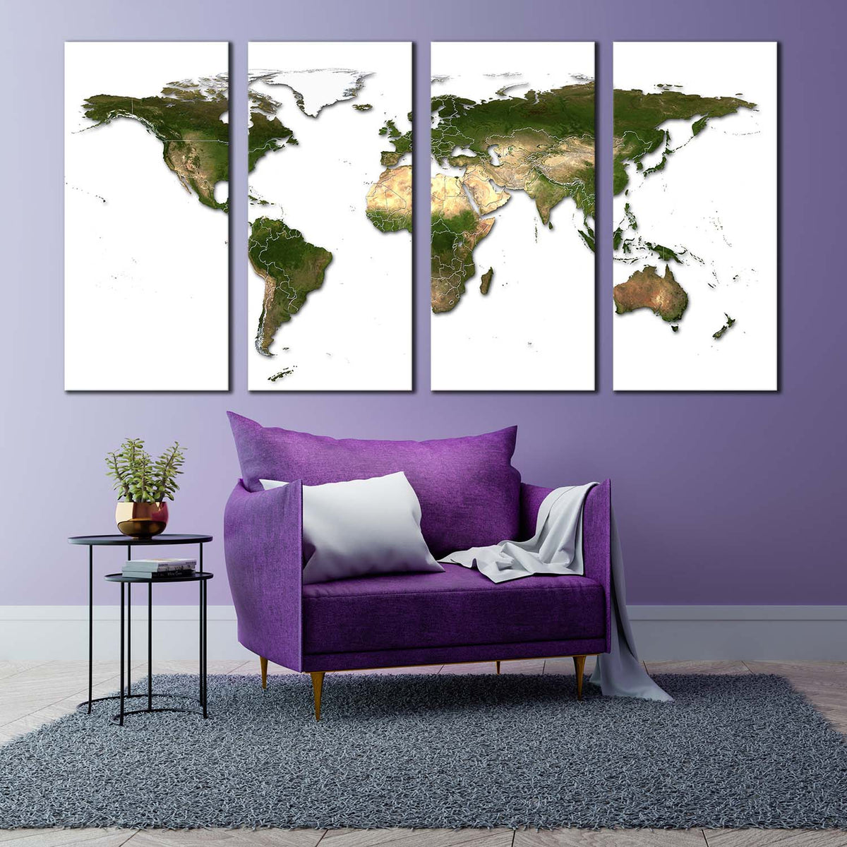 Detailed Map Canvas Wall Art, White Background Flat Earth 4 Piece Canv ...