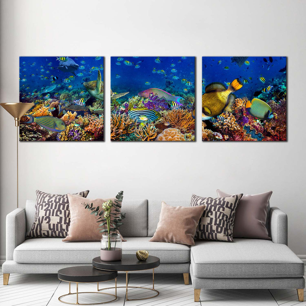 Fish Aquarium Canvas Print, Blue Underwater Coral Reef 3 Piece Canvas ...