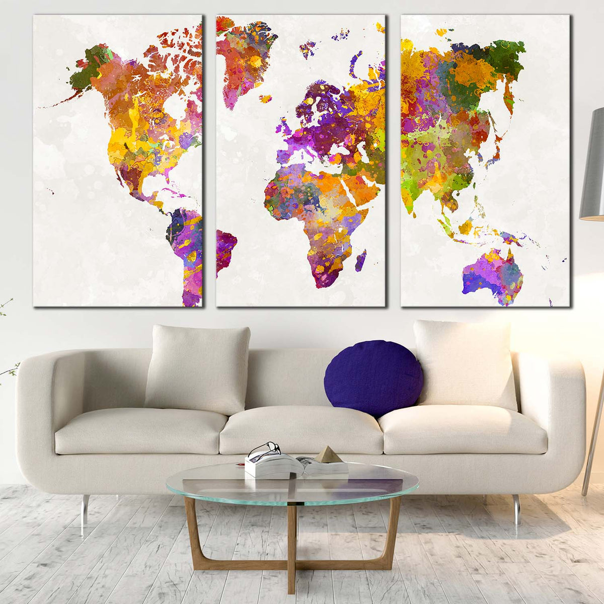 Flat World Canvas Print, Colorful World Map 3 Piece Canvas Wall Art, F ...