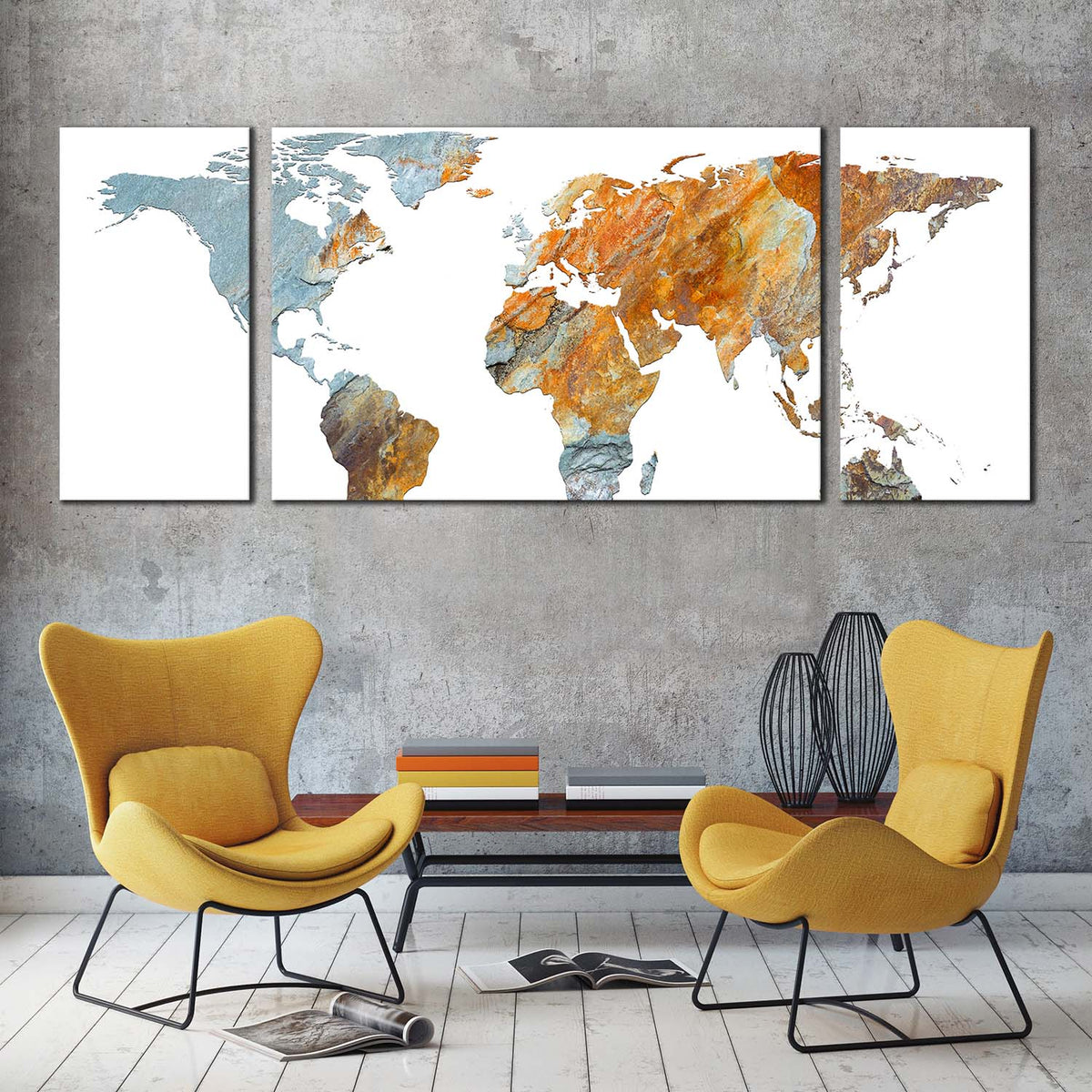 Flat World Canvas Wall Art, Orange Grey Abstract World Map 3 Piece Can ...