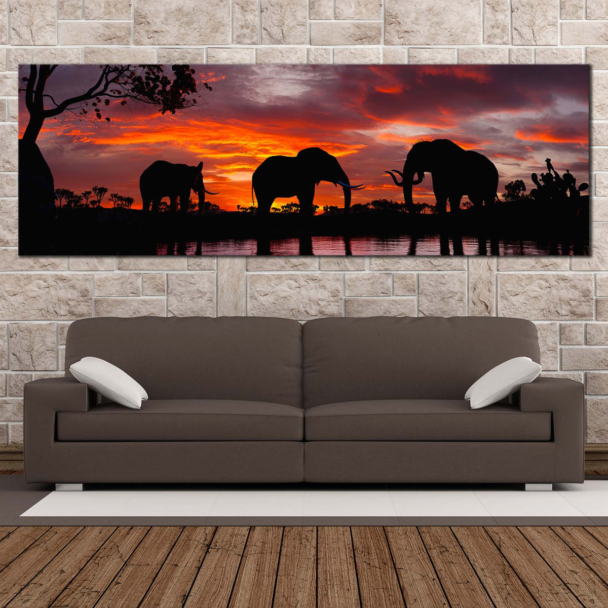 Group Elephants Canvas Wall Art, Elephants Orange Sunset 1 Piece Canva ...