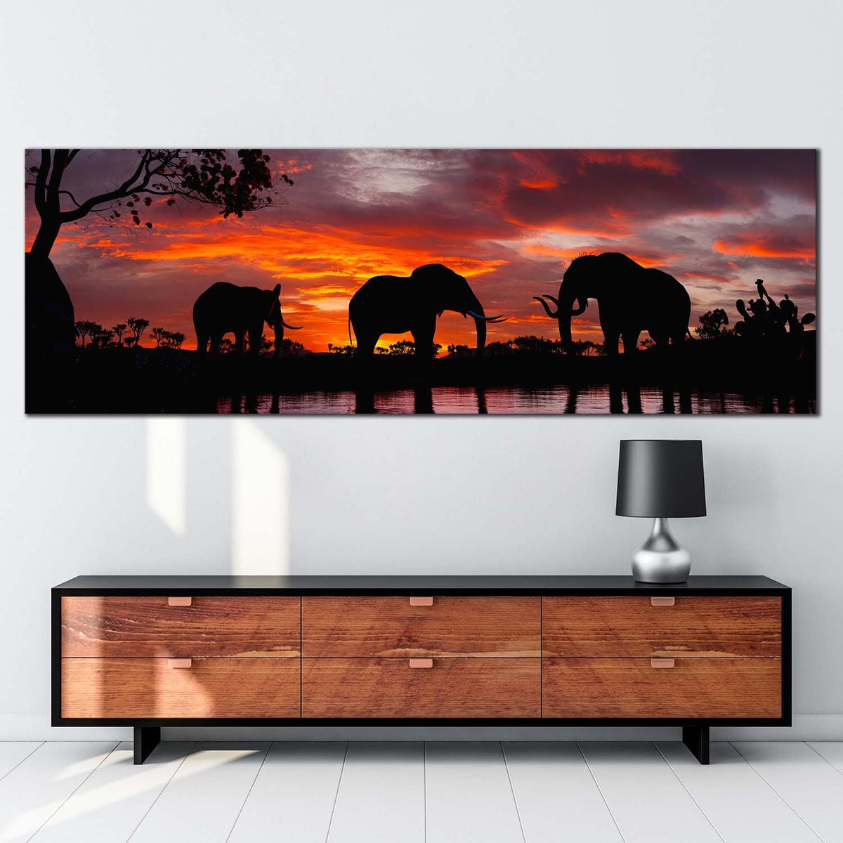 Group Elephants Canvas Wall Art, Elephants Orange Sunset 1 Piece Canva ...