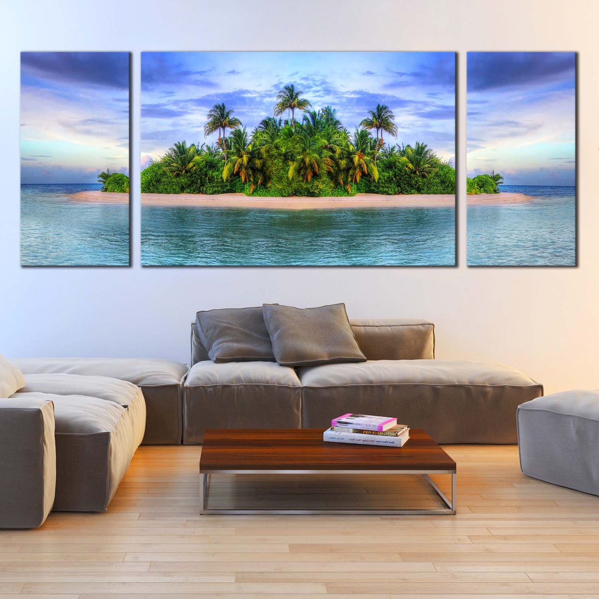 Ocean Beaches Canvas Print, Green Tropical Island 3 Piece Canvas Wall ...